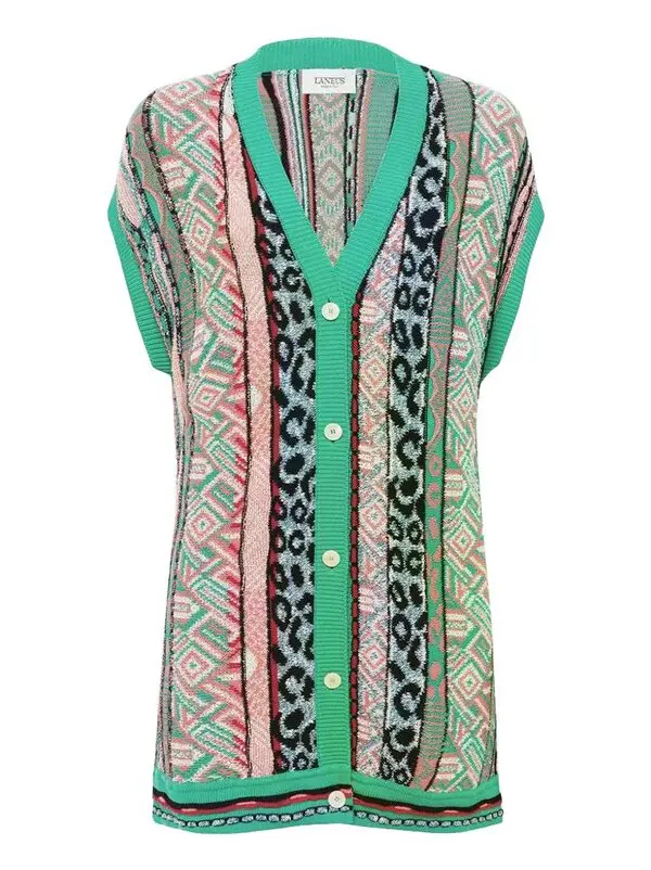 LANEUS Patterned V-neck Cardigan - Green