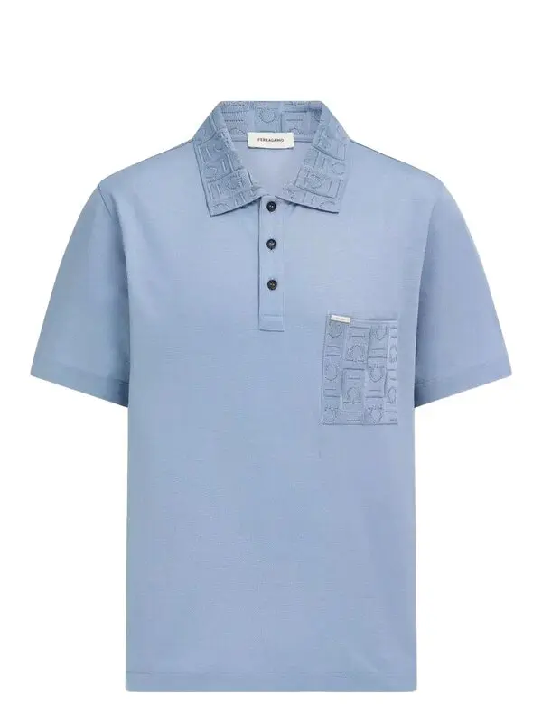 FERRAGAMO V-neck Polo With Jacquard Pocket Detail - Blue