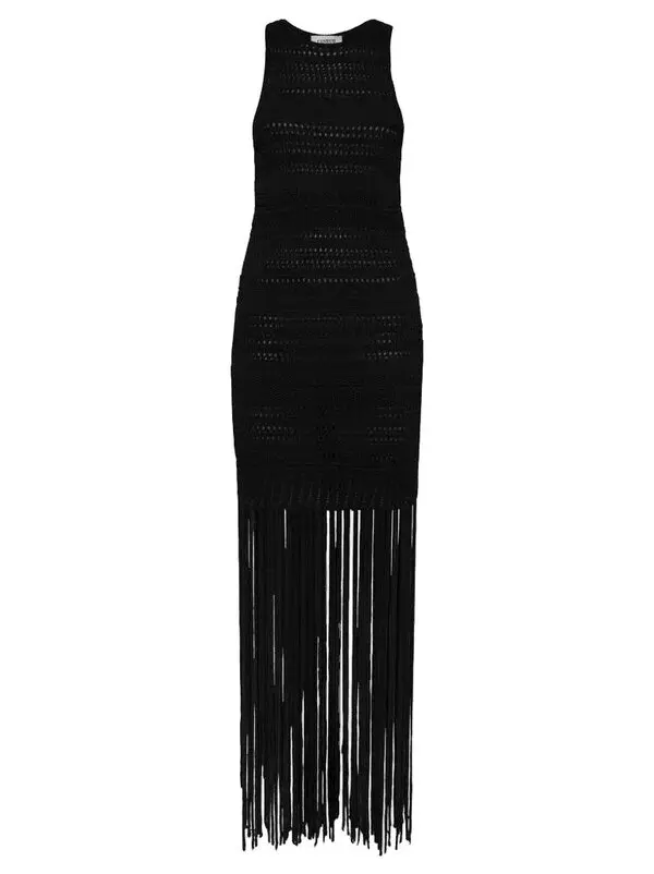 LANEUS Fringed Hem Knitted Dress - Black