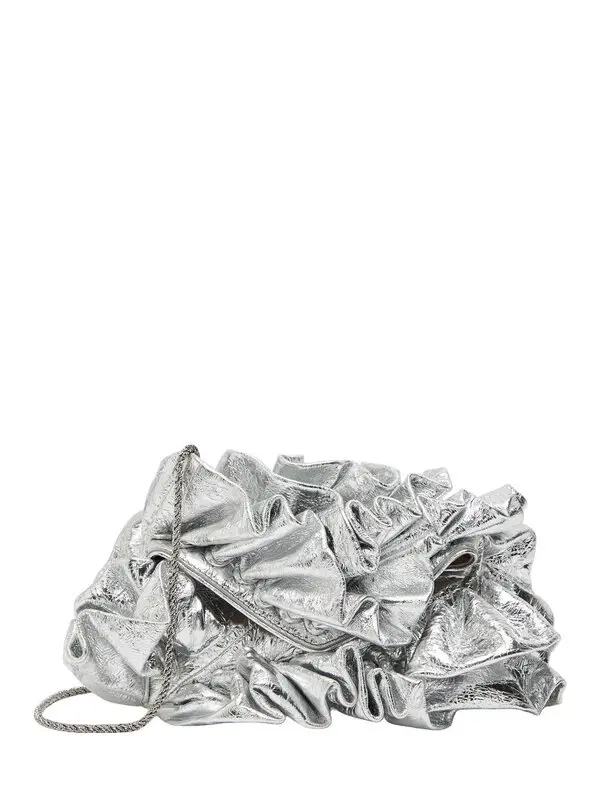 Dries Van Noten Ruffled Crinkled Metallic Leather Clutch - Silver