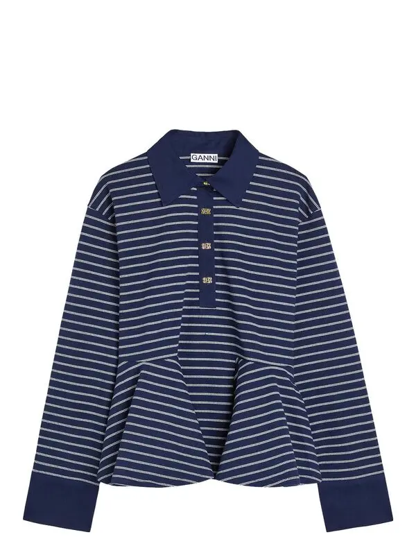 GANNI Striped Peplum Piqué Cotton Polo Shirt - Navy
