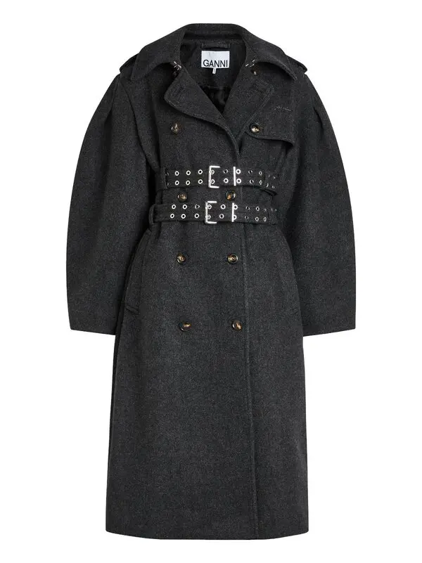 GANNI Belted Wool-blend Trench Coat - Black