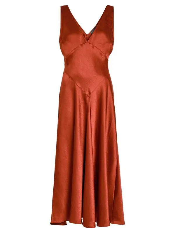 Polo Ralph Lauren Satin V-neck Midi Cocktail Dress - Red