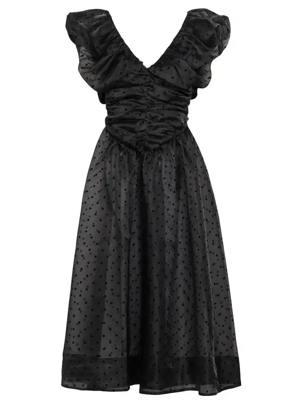 GANNI Polka-dot Ruched Organza Midi Dress - Black