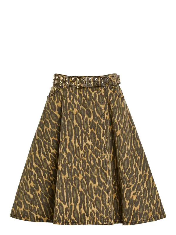 GANNI Belted Leopard-print Stretch-denim Midi Wrap Skirt - Khaki