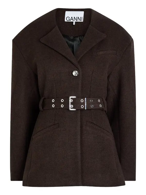 GANNI Belted Wool-blend Peacoat Jacket - Dark Brown