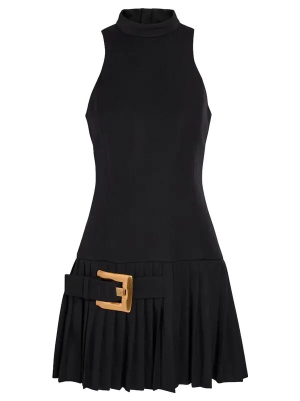 Balmain Belted Pleated Wool Mini Dress - Black