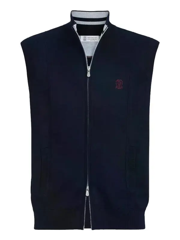 Brunello Cucinelli Cotton And Silk French-terry Double-knit Vest With Logo - Blue