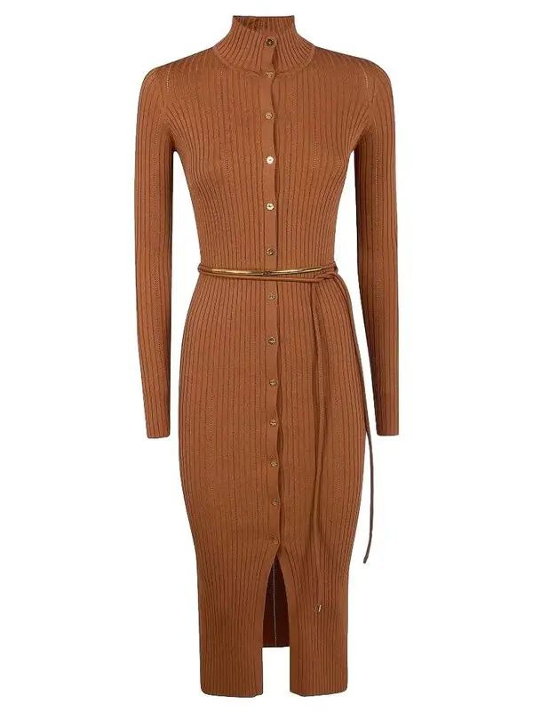 Elisabetta Franchi Belted Midi Knit Dress - Brown