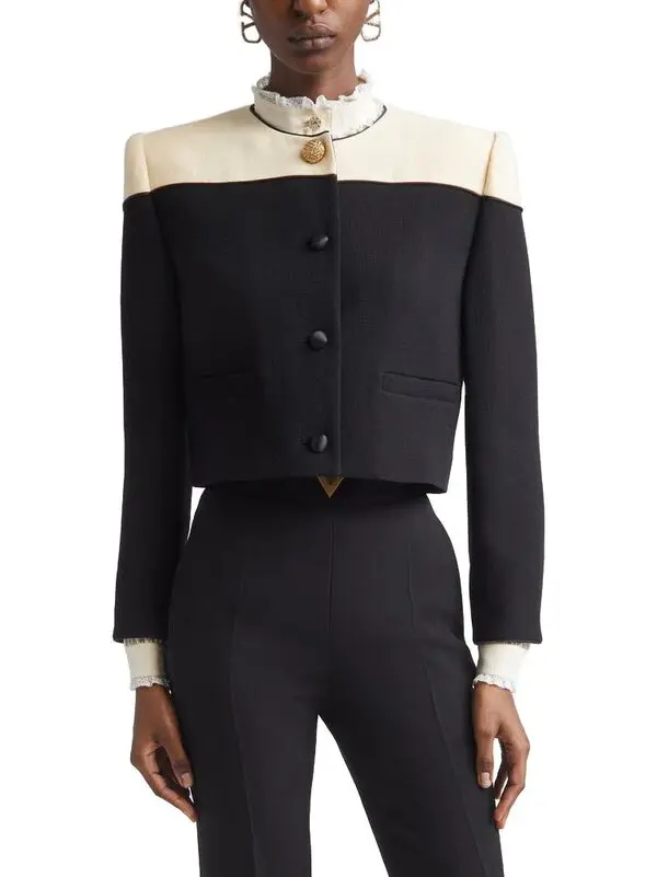 Valentino Garavani Wool Crepe Colorblock Jacket - Black/cream