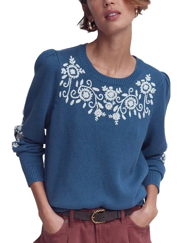 Boden Davina Embroidered Puff Sleeve Sweater - True Navy/ Embroidery