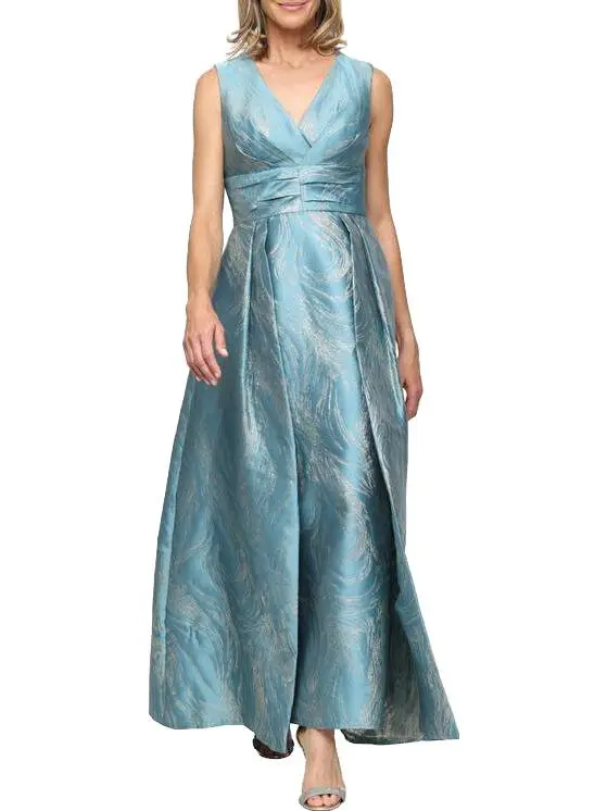 Alex Evenings Metallic Jacquard Column Gown - Teal Gold