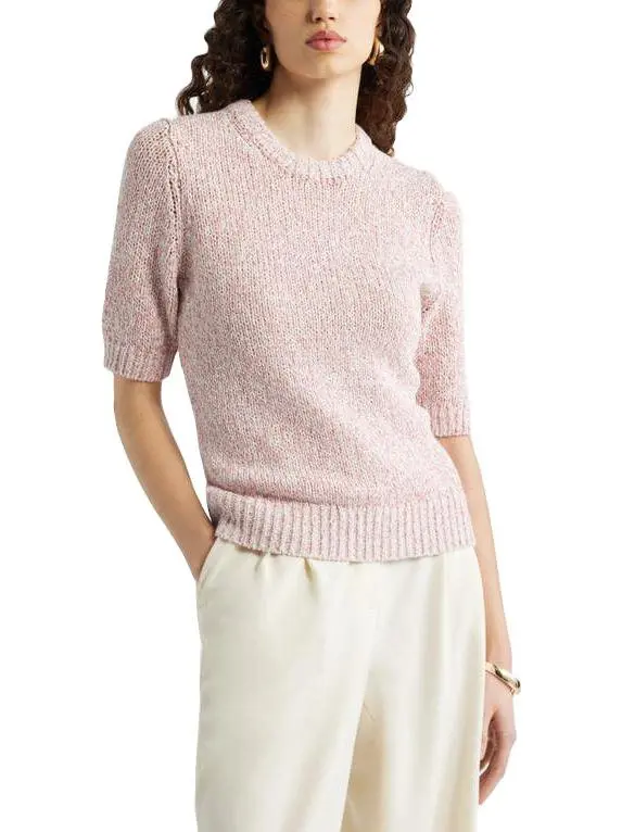 Nordstrom Elbow Sleeve Linen & Cotton Blend Sweater - Pink Compact- Ivory Marl