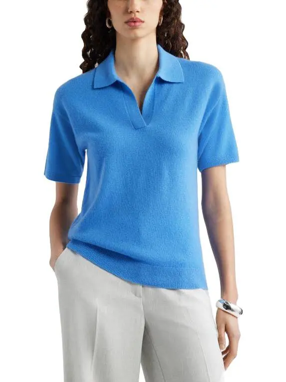 Nordstrom Cashmere Johnny Collar Short Sleeve Sweater - Blue Stream