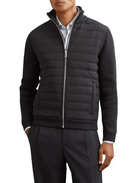 REISS Ribbed & Quilted Hybrid Jacket - Navy