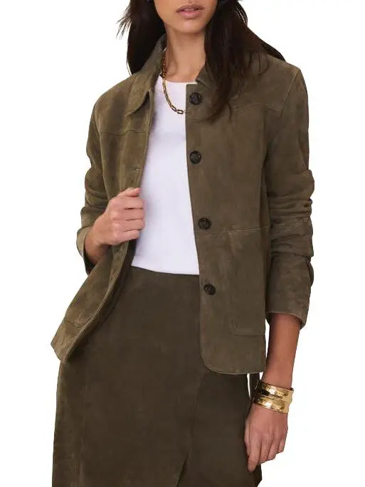 Mint Velvet Suede Jacket With Button-front Pockets - Khaki