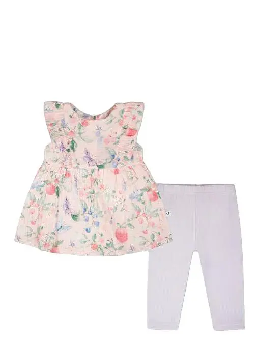 DEUX PAR DEUX Cotton Muslin Tunic And Rib Jersey Leggings Set - Pink Printed Berries & Lilac