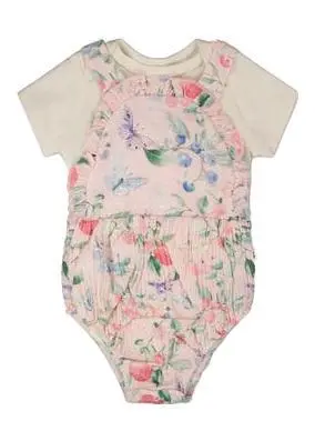 DEUX PAR DEUX Printed Muslin Overall Set With Organic Cotton Jersey Bodysuit - White & Pink Printed Berries
