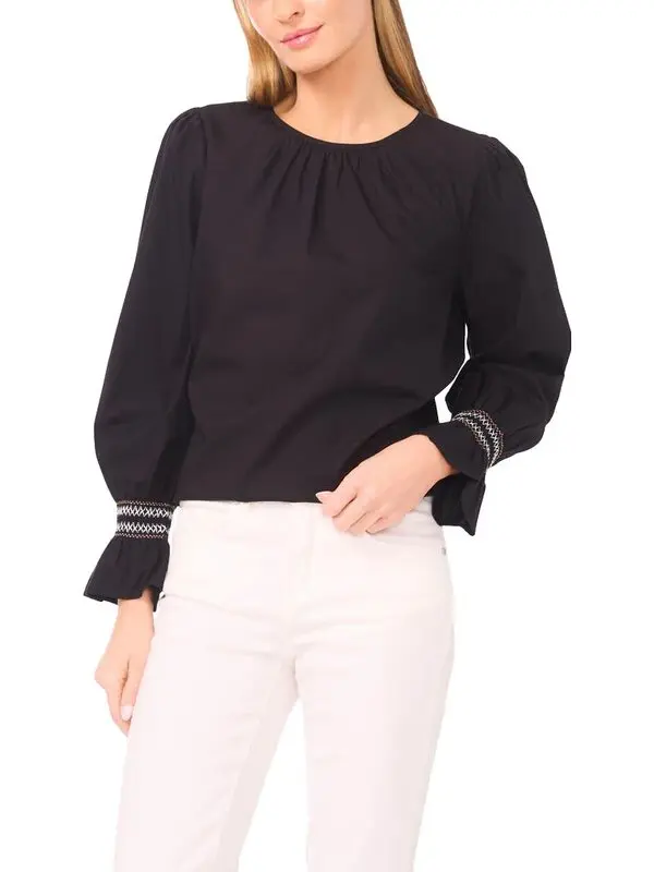 Halogen Contrast Smocked Cuff Top - Rich Black