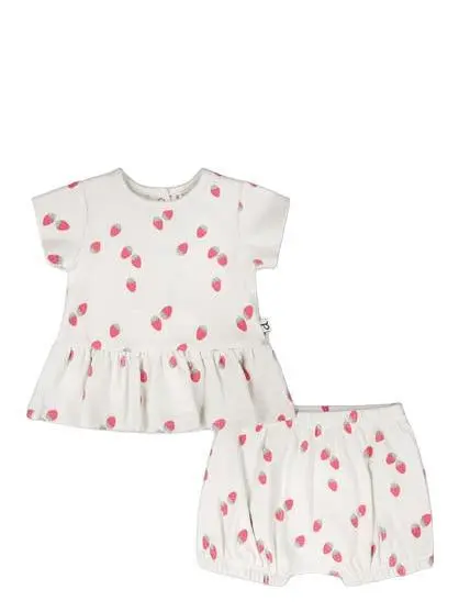 DEUX PAR DEUX Cotton Rib Jersey Strawberries Printed Top And Short Set - White Printed Strawberries