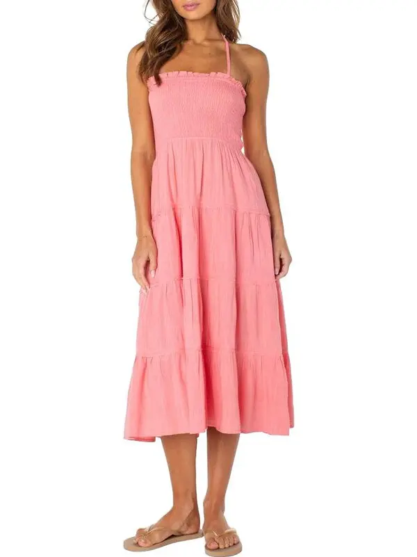 Roxy Ellie Smocked Midi Sundress - Strawberry Pink