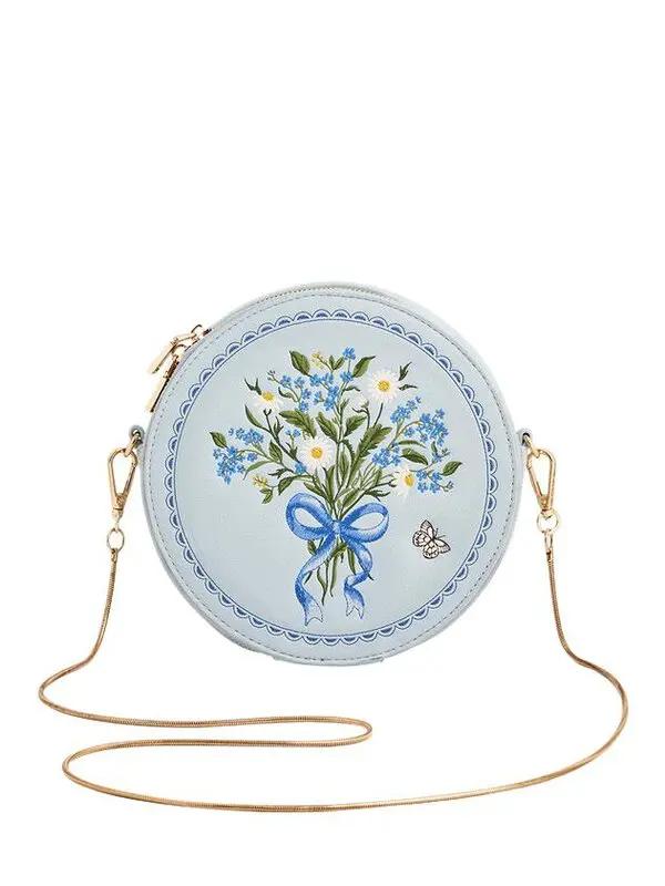 FABLE ENGLAND Floral Bow Embroidered Circle Purse - Light/pastel Blue