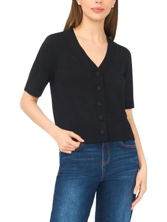 CECE DUPRAZ Covered Button Short Sleeve Cardigan - Rich Black