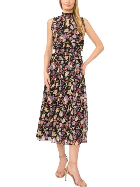 CECE DUPRAZ Floral Print Mock Neck Midi Dress - Rich Black