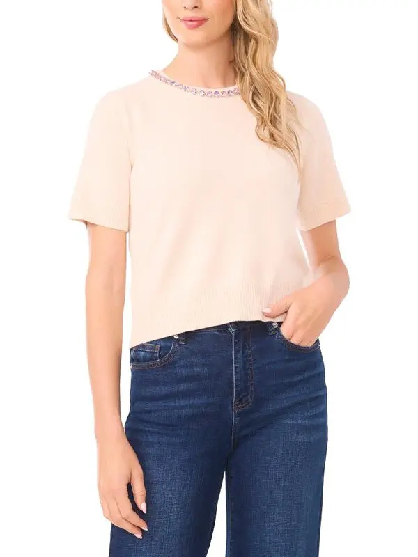 CECE DUPRAZ Rhinestone Embellished Short Sleeve Sweater - Eggshell
