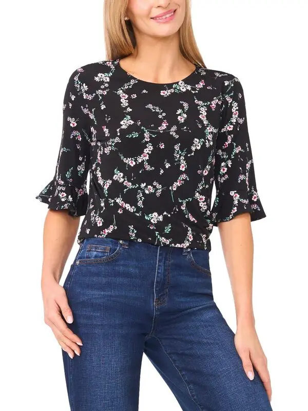 CECE DUPRAZ Floral Ruffle Sleeve Top - Rich Black