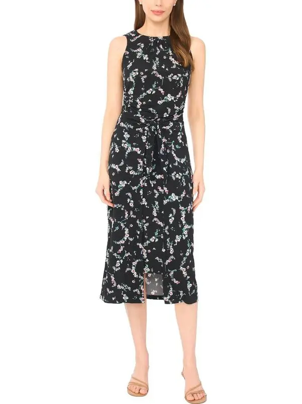 CECE DUPRAZ Sleeveless Floral Print Faux Wrap Midi Dress - Rich Black