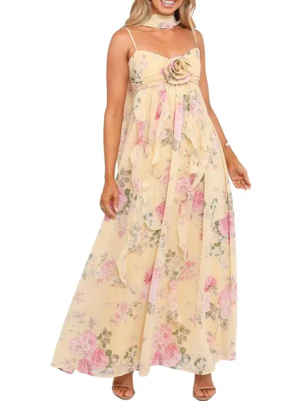 PETAL & PUP Floral Rosette Maxi Dress With Scarf - Yellow Floral