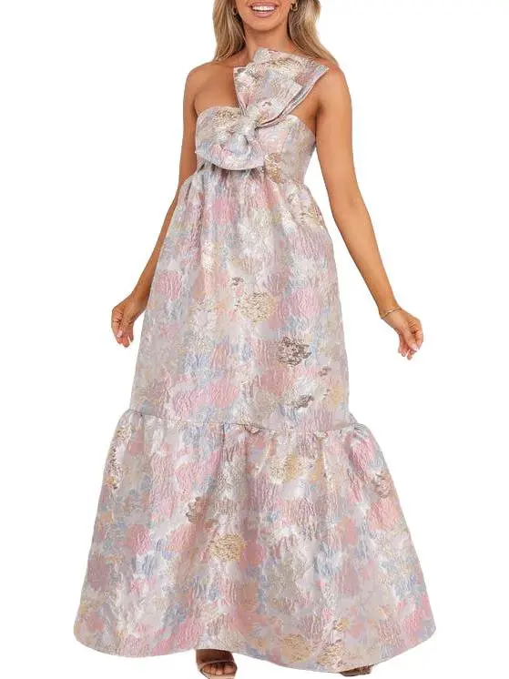 PETAL & PUP Betina Bow Front Strapless Jacquard Maxi Dress - Pale Blue Floral