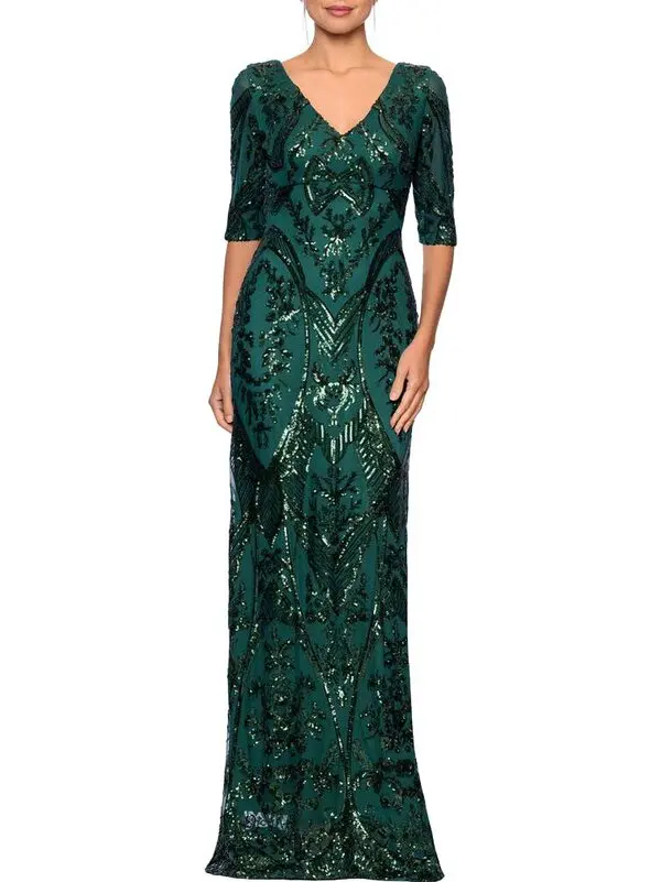 Betsy & Adam Sequin V-neck Gown - Emerald