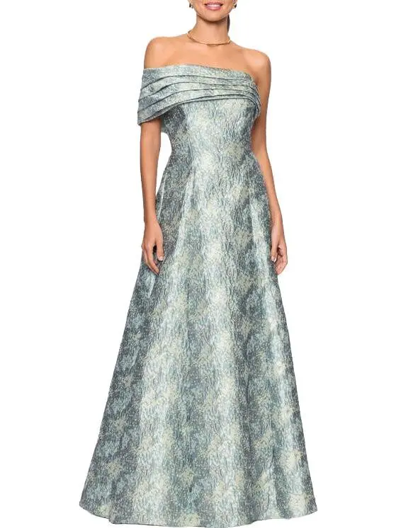 Betsy & Adam Floral Brocade Off-the-shoulder Gown - Sage/ivory