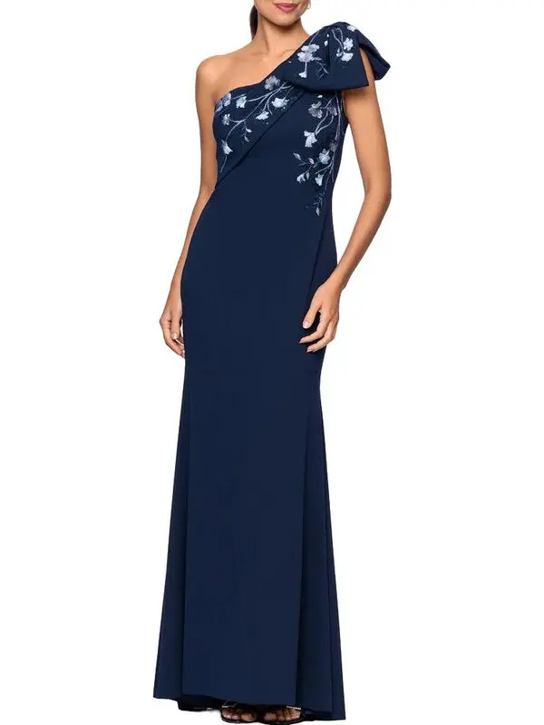 Betsy & Adam One-shoulder Floral Embroidered Gown - Navy