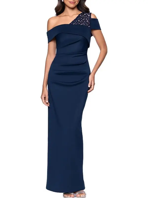 Betsy & Adam One-shoulder Lace-mesh Sheath Dress - Navy/nude/navy