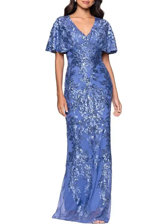 Betsy & Adam Sequin Leafy Mesh Dress - Periwinkle
