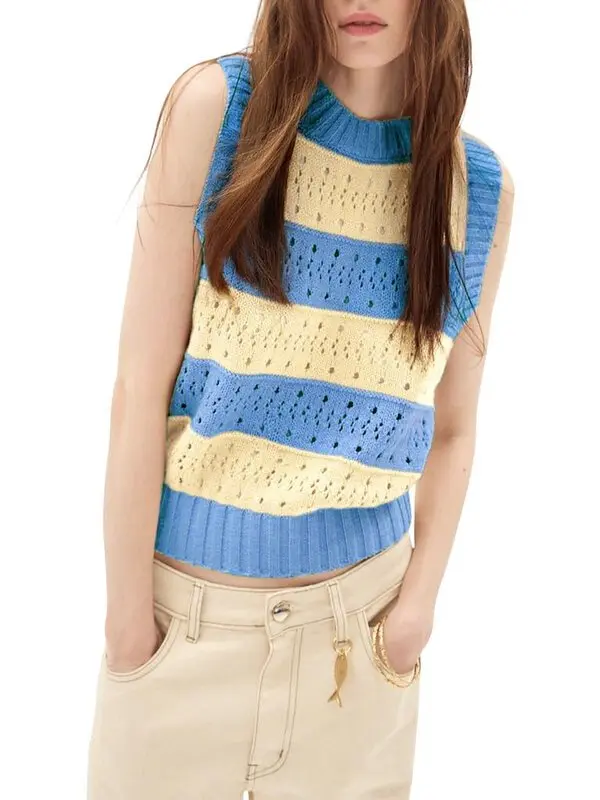 Deluc Nerja Stripe Pointelle Stitch Cotton Blend Vest - Light Blue/ecru
