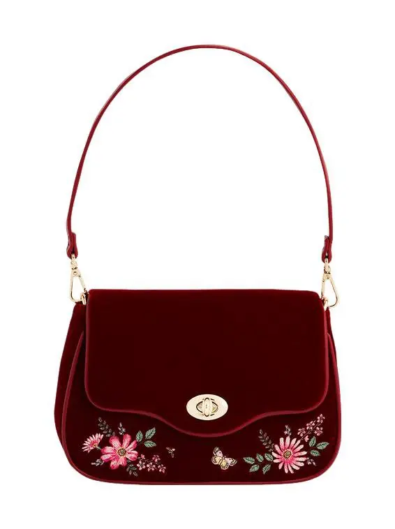 FABLE ENGLAND Mary Floral Embroidered Velvet Clutch - Dark Red
