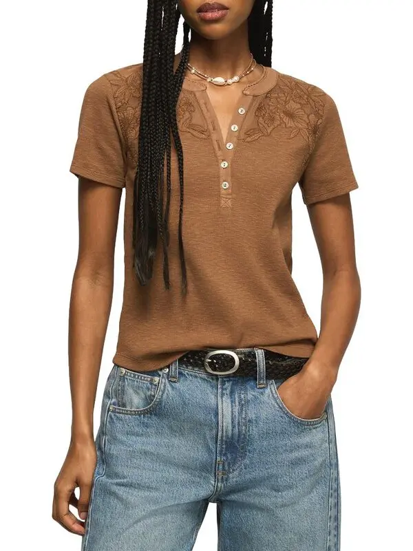 Lucky Brand Cutwork Henley Top - Pecan Pie