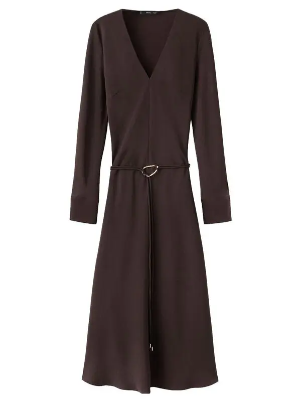 Mango Belted Long Sleeve Midi Dress - Brown