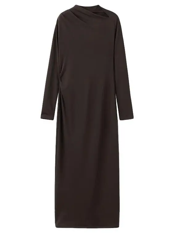 Mango Asymmetric Neck Long Sleeve Dress - Chocolate