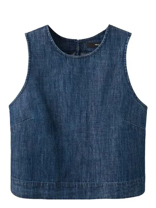 Mango Sleeveless Chambray Crop Top - Open Blue