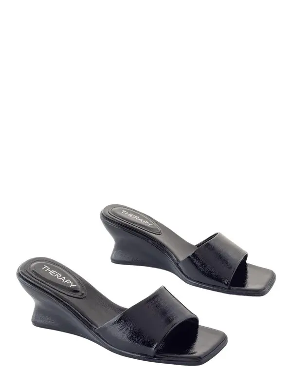 THERAPY AUSTRALIA Lafayette Square-toe Wedge Slides - Black Crinkled Patent Pu