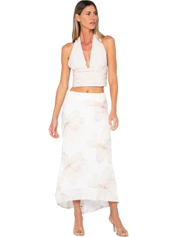 JBQ Hibiscus Embroidered Midi Skirt - Ecru Multi