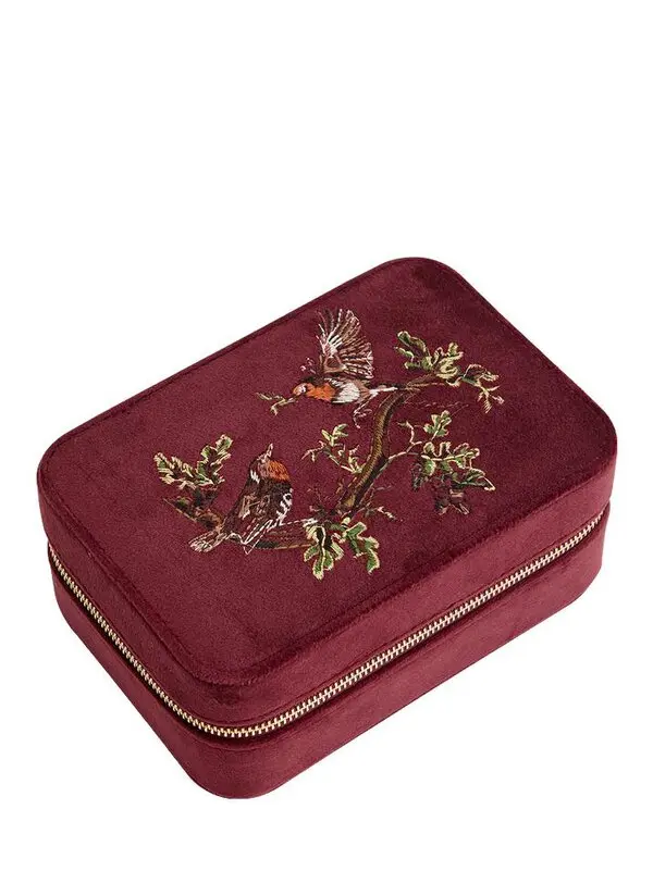 FABLE ENGLAND Robin Love Embroidered Velvet Jewellery Box - Burgundy