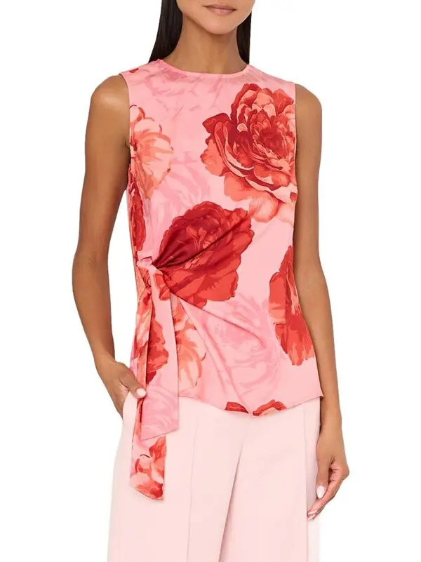 MILLY Floral Print Drape Sleeveless Top - Pink Multi