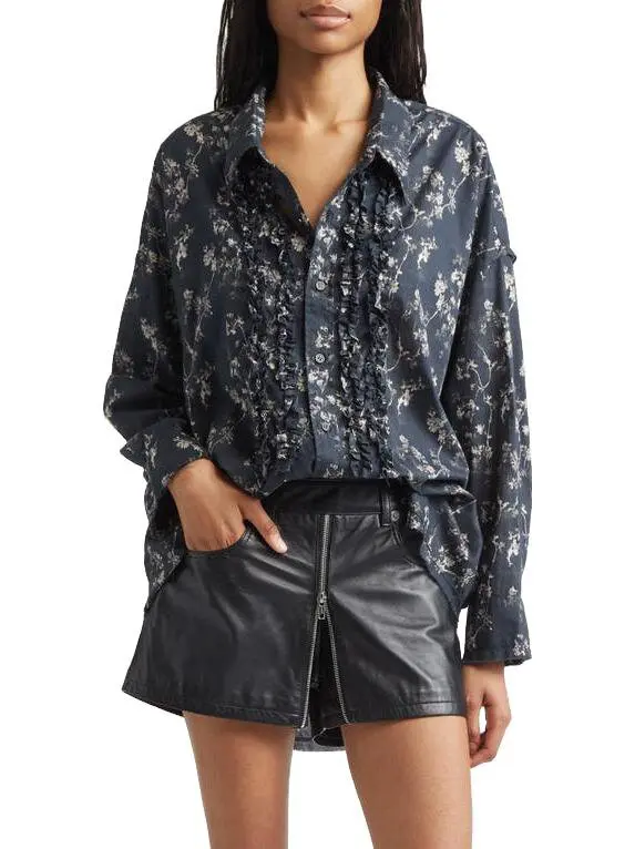 R13 Floral Print Ruffle Cotton Button-up Shirt - Floral On Black