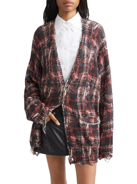 R13 Oversized Distressed Plaid Linen Blend Cardigan - Black/red/white Plaid